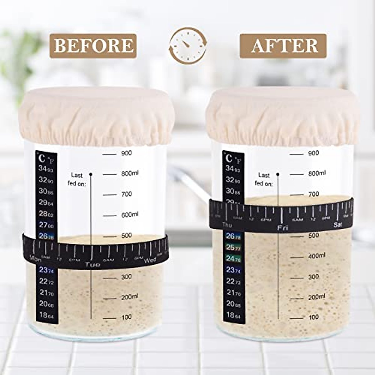 NEOBELLA Sourdough Starter Jar Kit, Sourdough Starter Jar with Thermometer, Scraper, Cloth Cover and Lid. Reusable Sourdough Jar Kit Use for Home Bakery