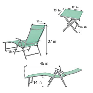 VredHom 3PCS Patio Chaise Lounge & Side Table Set, Outdoor Lounge Chair with End Table Recliner with 8-Positions Adjustable Backrest & Foldable Footrest,Green Textliene & Grey Aluminum Frame