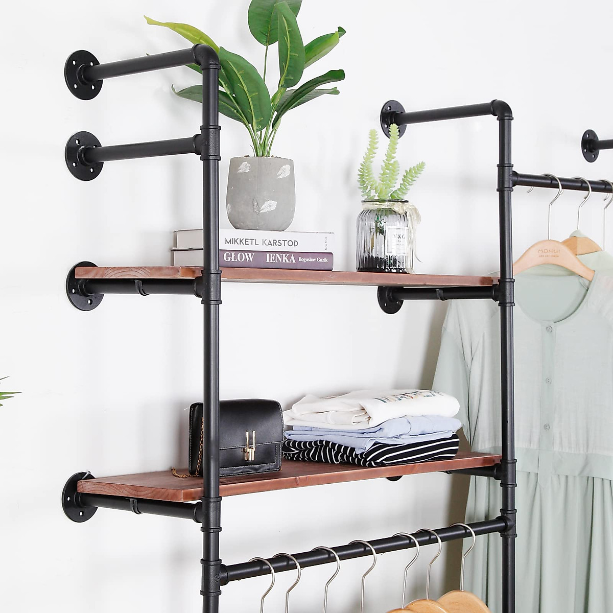 EDCB Industrial Pipe Double Hanging Rods Clothing Rack with 4 Tier Shelves, Heavy Duty Garment Rack Display Rack On Wall for Hanging Clothes Retail Display, Black