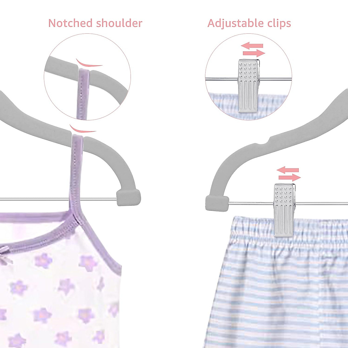 MangoKit Baby Clothes Hangers with Movable Clips 10 Pack,11.8 Inch Kids Velvet Hangers Non-Slip, Swivel Hook,Space-Saving Children's Coat Hangers for Skirts,Pants,Dresses,Jackets(Grey)