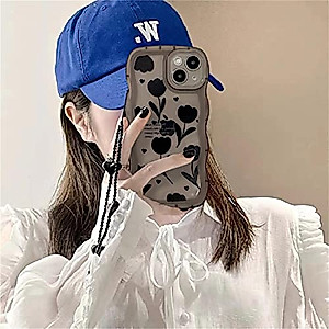 Fycyko Compatible for iPhone 14 Pro Max Case with Cute Simplicity Black Flowers Pattern Design Women Teen Girls Lens Protection Case for iPhone 14 Pro Max +Black Heart Chain