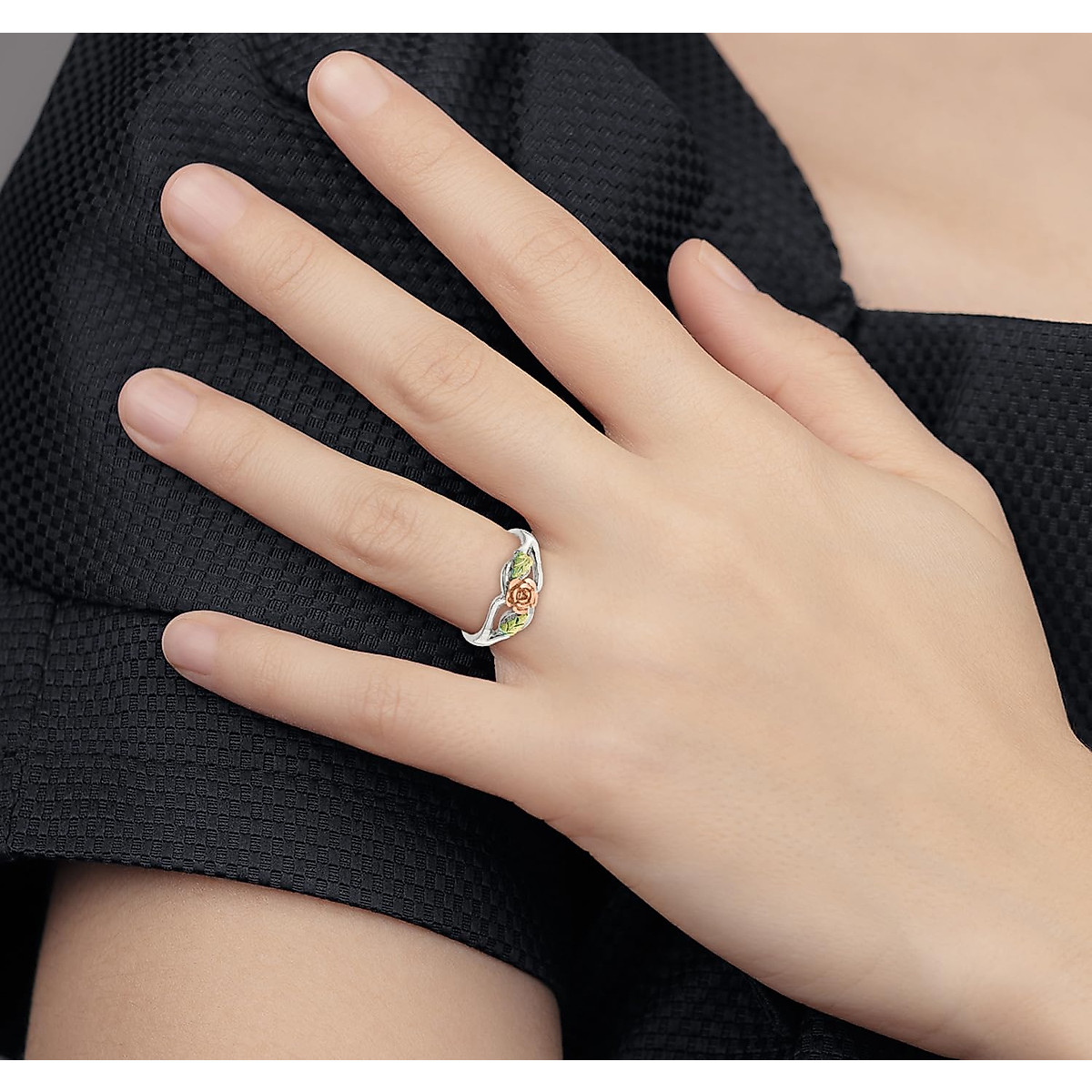 Blooms Rose Flower Diamond-Cut Ring, Sterling Silver, 12k Green and Rose Black Hills Gold Size 7