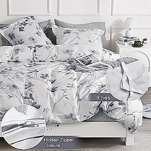 PHF 100% Cotton Printed Duvet Cover Queen Size, 3 Pieces Soft Breathable Duvet Cover Set for All Season, Stylish Floral Pattern Smooth Comforter Cover with 2 Pillow Shams, 90" x 90", White Grey-Floral