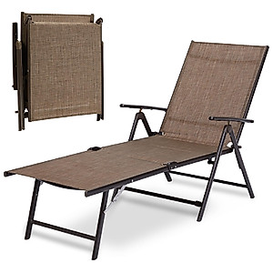 Esright Outdoor Chaise Lounge Chair,Folding Textiline Reclining Lounge Chair for Beach Yard Pool Patio with 7 Back & 2 Leg Adjustable Positions,Brown