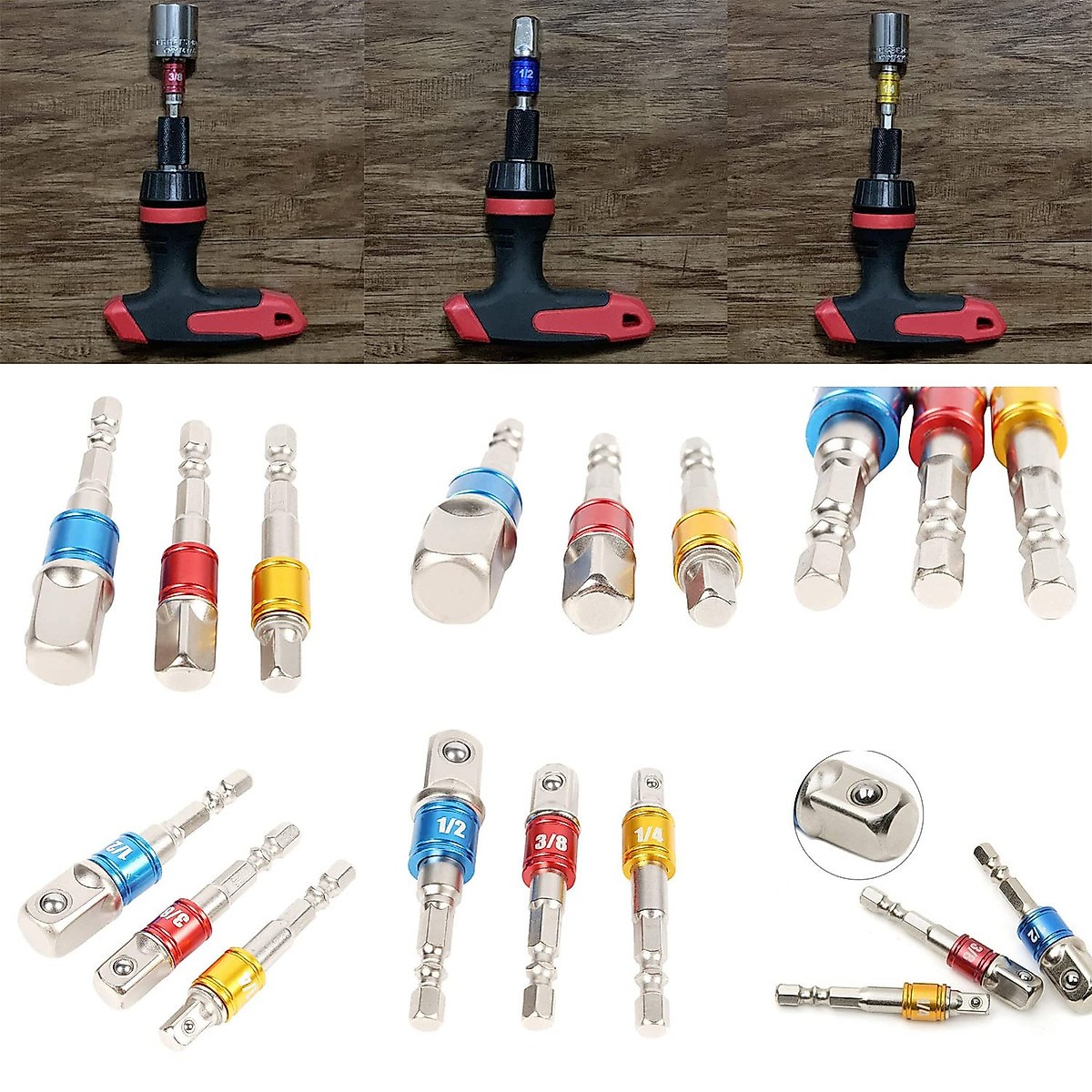 Impact Grade Socket Adapter 3 Pack Set, 1/4", 3/8" and 1/2" Drive, Socket to Drill Adpater for Impact Drivers, Turns Power Drill Into High Speed Nut Driver, Tools Gift for Men, DIYers