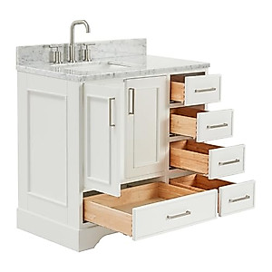 ARIEL Stafford 37 Inch Bathroom Vanity with Sink, White Bathroom Vanity, Solid Wood Vanity Base Cabinet, Carrara Marble Countertop, Left Rectangular Undermount Sink, 2 Soft Closing Doors, 5 Drawers