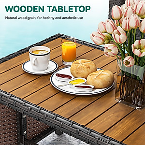 YITAHOME Wooden Armrest 4-Piece Patio Furniture Set, All-Weather Outdoor Furniture Rattan Wicker Conversation Set with Wooden Side Table, Wooden Armrests &Feet and Soft Cushions, Brown+Beige