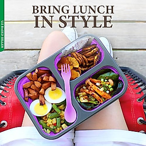 Creekview Home Emporium Collapsible Food Container - Purple Bento Lunch Box with 3 Compartments and Silverware in Lid