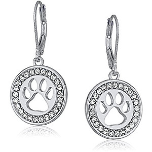 Pet Friends Silvertone and Crystal Paw Leverback Drop Earrings, Silver