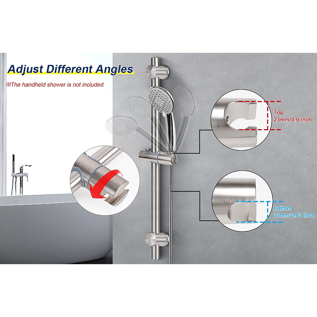 NearMoon Shower Slide Bar with Height/Angle Adjustable Handheld Shower head Holder, Bathroom SUS 304 Stainless Steel Wall-Mounted for Bath (26 Inch, Brushed Nickel)