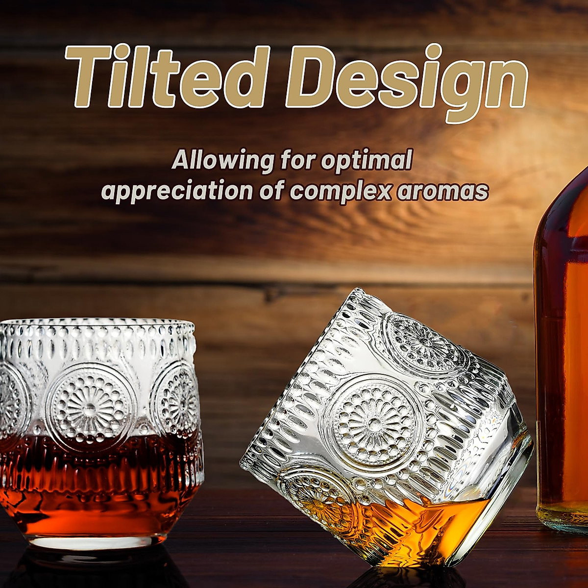 Wongblee Vintage Whiskey Glasses Set of 6, 13.5 OZ Scotch Bourbon Rock Glasses, Old Fashioned Embossed Drinking Cups for Gift, Home Bar, Party