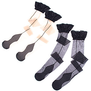 Aneliya Vintage Nylon Lace Top Thigh High Stockings with Back Seam for Women Suspender Garter Belts(2 Pack， Black and Nude)