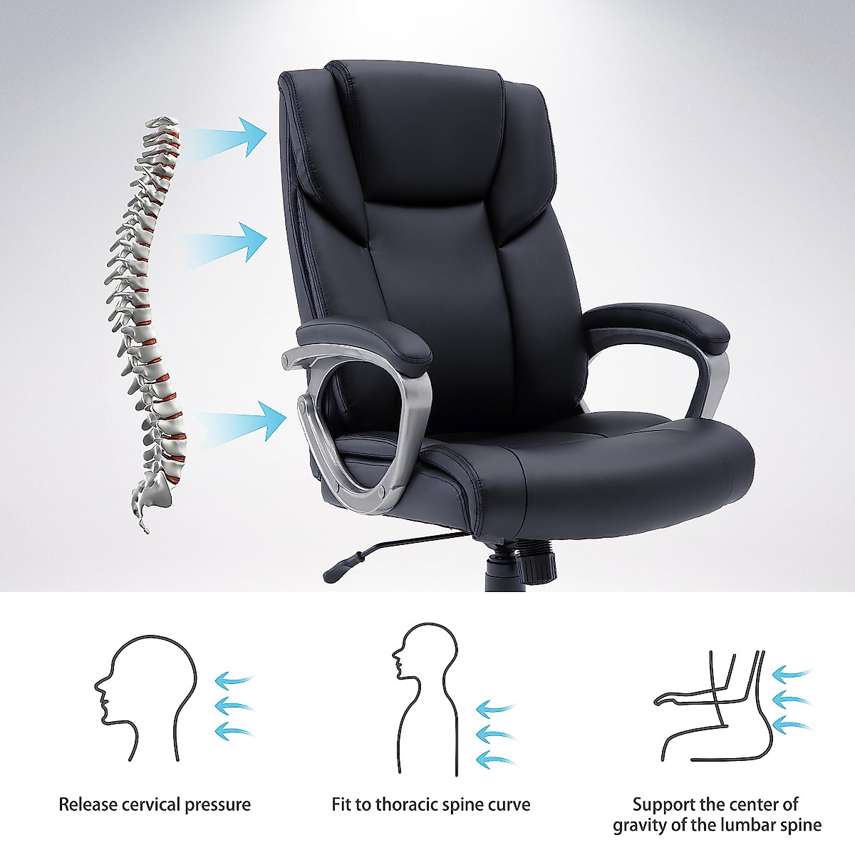 ICOMOCH Modern Soft Leather Ergonomic Executive Computer Boss Padding Armrest Swivel Desk Office Chair, Large, Black