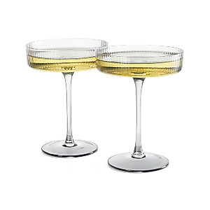 Ribbed Coupe Cocktail Glasses 8 oz | Set of 2 | Classic Manhattan Glasses For Cocktails, Champagne Coupe, Ripple Coupe Glasses, Art Deco Gatsby Vintage, Crystal with Stems (Smoke Grey)