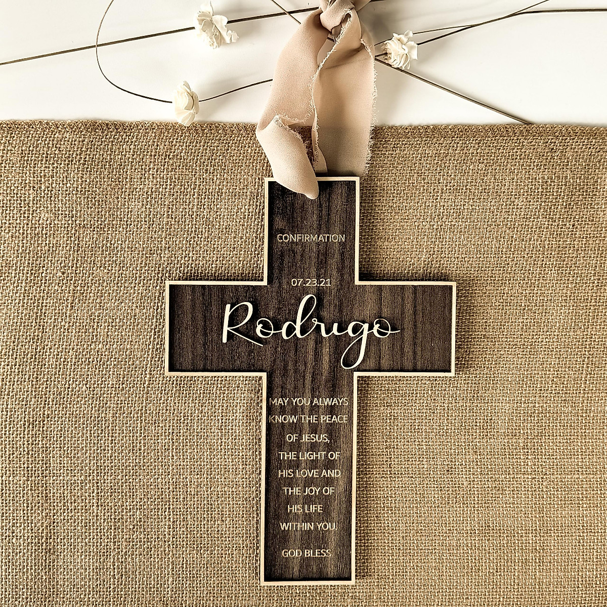 Personalized Engraved Wood Cross, Christian Wooden Cross for Baptism, Holy Communion, Confirmation or Newborn Gift Keepsake with Custom Name and Date with Message (Walnut)