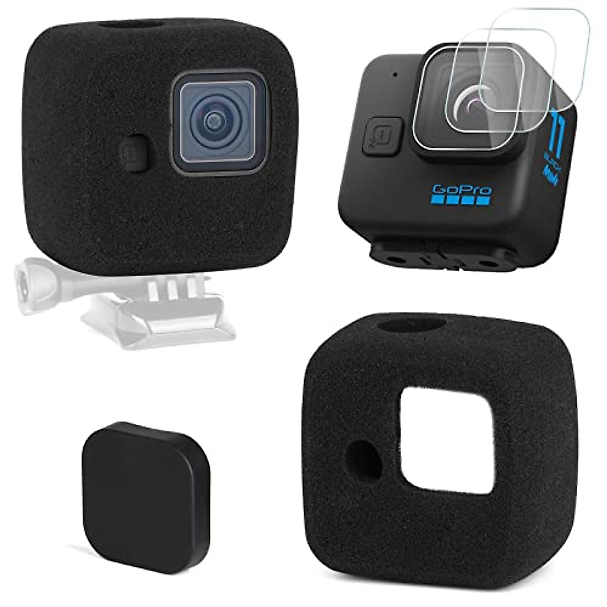 HSU Windslayer Cover and Lens Screen Protector for GoPro Hero 11 Black Mini, Windslayer Cover (2 Pack) + Screen Protector (3 Pack) + Lens Cap, Video Noise Reduction GoPro Accessory