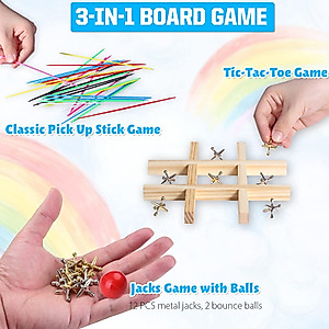 TriMagic 3-in-1 Family Games for Kids and Adults - Jacks Game with Ball, Pick Up Sticks, Wooden Tic Tac Toe Game- Classic Coffee Table Top Decor, Old Fashioned Toy Gift for Birthday Christmas Party