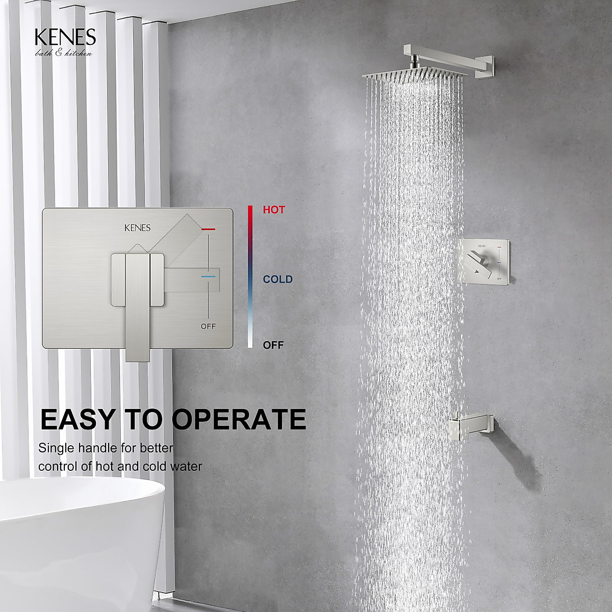 KENES Brushed Nickel Shower Faucet, Tub and Shower Trim Kit with 8-Inch Rain Shower Head, Modern Single-Spray Shower Faucet Set, KE-6024A (Shower Valve Included)