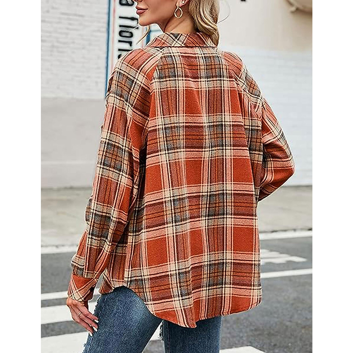 Zontroldy Womens Lightweight Flannel Shirt Plaid Buffalo Long Sleeve Button Down Oversized Flannels Shirts Blouse Tops (0199-Orange-M)