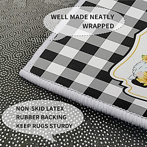 Rural Garden Sunflower Gnomes White Black Buffalo Plaid Kitchen Rug Runner Rug Kitchen Floor Mats Non Slip Area Rug for Living Room Bath Doormat Indoor Carpet Set (16x23.5IN+16x47IN)