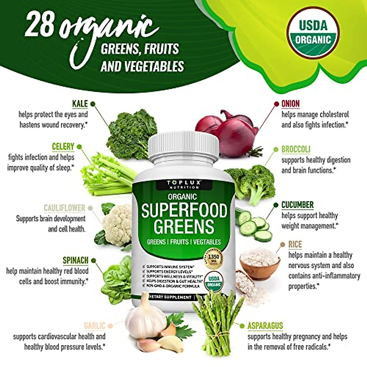 Organic Super Greens Capsules Superfood Fruit Veggie Supplement - 28 Powerful Natural Ingredients with Alfalfa, Beet Root, Tart Cherry & Ginger for Immune & Energy Support, for Men Women, 60 Tablets