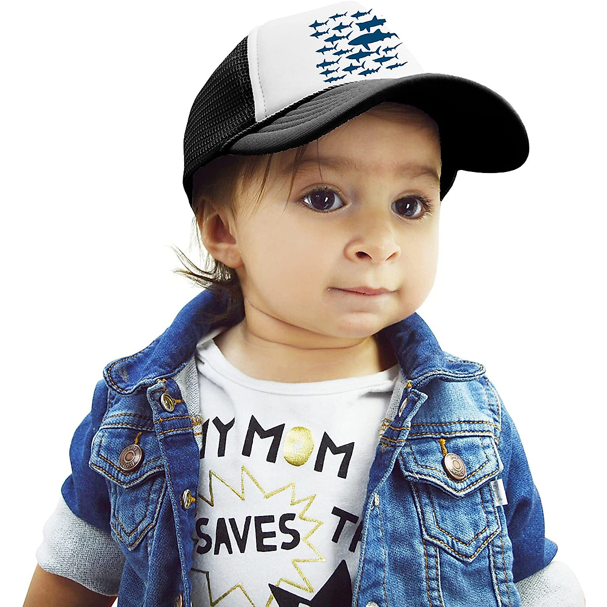 Waldeal Boys' Ocean Shark Trucker Hat Floral Sea Fish Adjustable Mesh Hat Kids' Baseball Trucker Cap Black