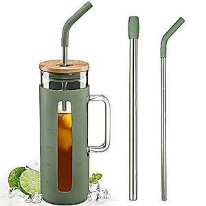 Kodrine Tumbler with Lid and Straw, 20 oz Glass Coffee Tumbler with Handle, Smoothie Cup with Bamboo Lid | Time Marker | Silicone Protective Sleeve, BPA Free - Olive