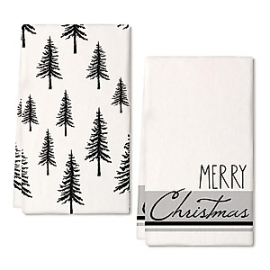 ARKENY Christmas Dish Towels for Christmas Decor Black Xmas Tree Kitchen Towels 18x26 Inch Grey Stripe Washcloths Seasonal Merry Christmas Hand Towel for Bathroom Set of 2 AD015