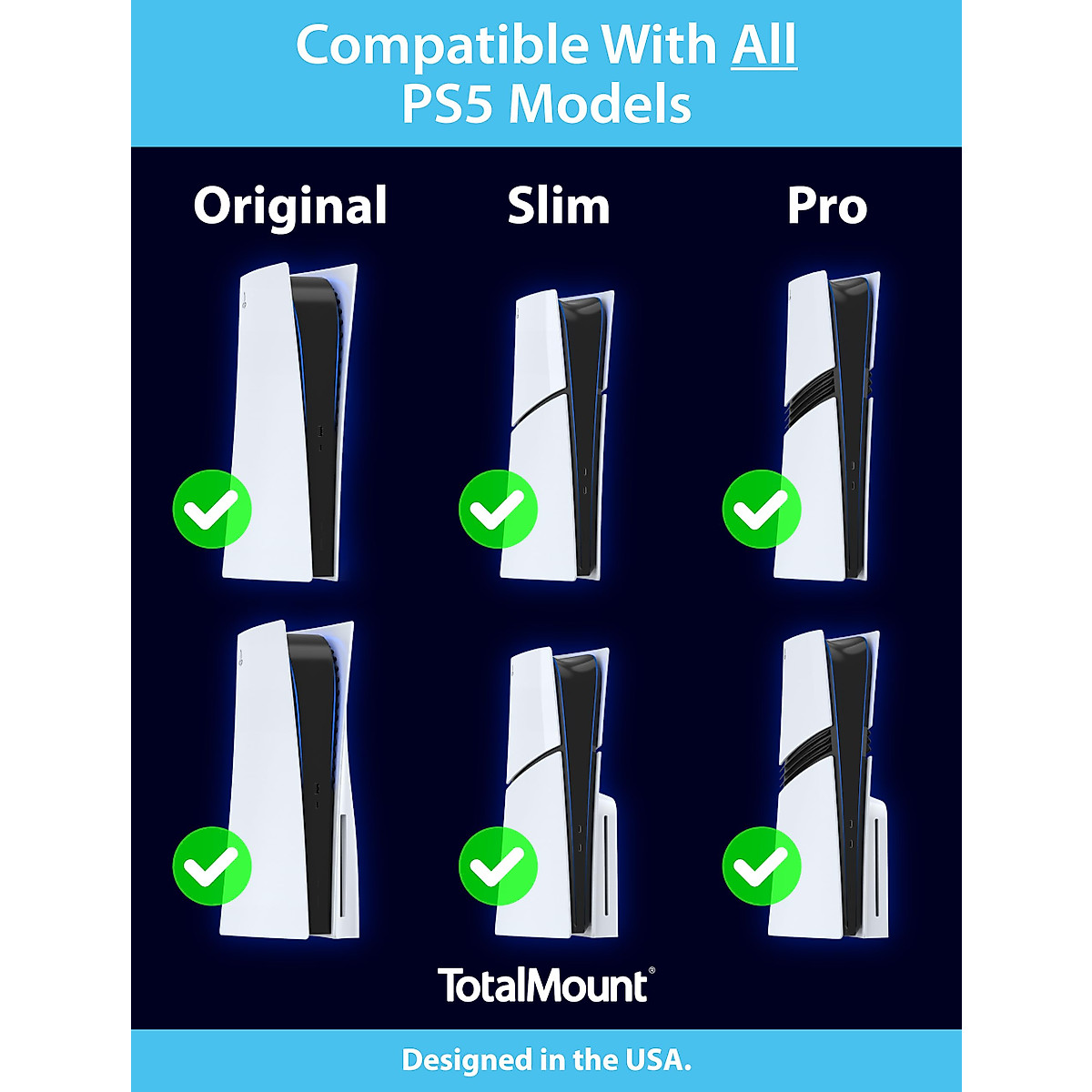 TotalMount Wall Mount for All PS5 Models – Bonus: Holds Two Controllers (Compatible with All PS5 Models Including Slim, Pro, and Original)