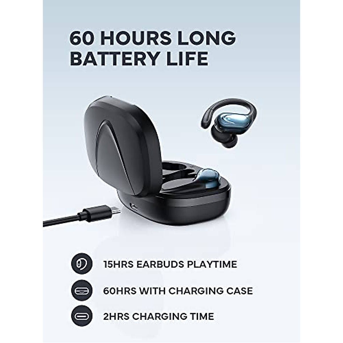 True Wireless Earbuds with Earhooks - 60hrs Battery Life Running Headphones Bluetooth 5.1 with LED Display - IPX7 Waterproof Wireless Earphones with Charging case for Sport, Running