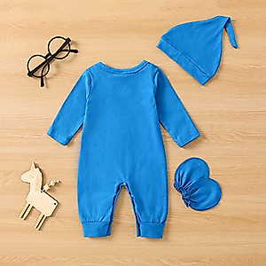 GRNSHTS Newborn Baby Boy Romper Coming Home Outfits Letter Print Bodysuit Jumpsuit+Hat+Gloves 3PCS Clothes Set (Royal Blue, Newborn)