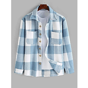 ZAFUL Men's Plaids Shirt Long Sleeve Button Down Lightweight Flannel Jacket Casual Shirt Shacket Classic Flannel Shirts(Plaid-Blue,L)