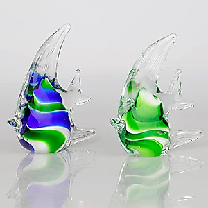 vskikris Green Hand Blown Tropical Fish Figurines Art Glass Fish Sculpture Collection for Home Decor Fish Tank Aquarium