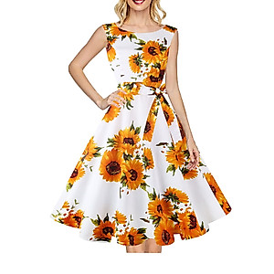 Hanpceirs Women's Boatneck Sleeveless Swing Vintage 1950s Cocktail Dress White Sunflower M New