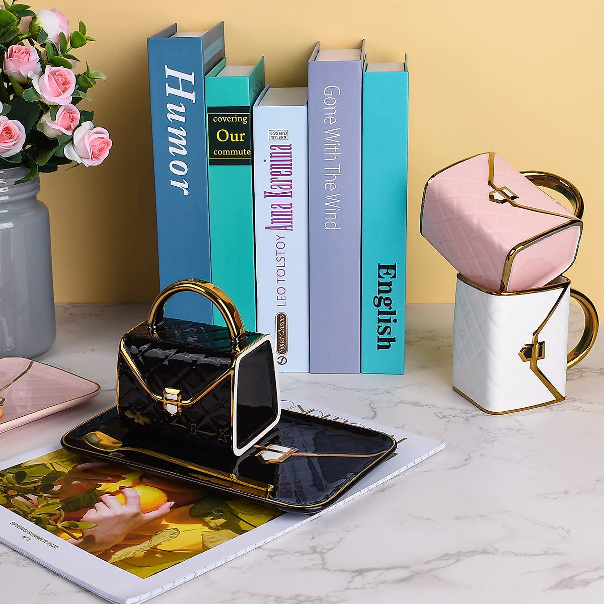 Koythin Ceramic Coffee Mug Saucer Set, Creative Cute Handbag Shaped Cup with Spoon and Saucer for Office and Home, 10 oz/300 ml for Tea Latte Milk (Elegant Black)