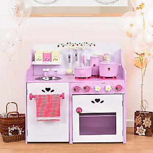 Costzon Kids Kitchen Playset, Wooden Pink Strawberry Themed Pretend Toy Set with 13-Pieces Cookware, Realistic Sound, Pot, Pan, Sink, Oven, Kitchen Set Gift for Toddlers, Girls