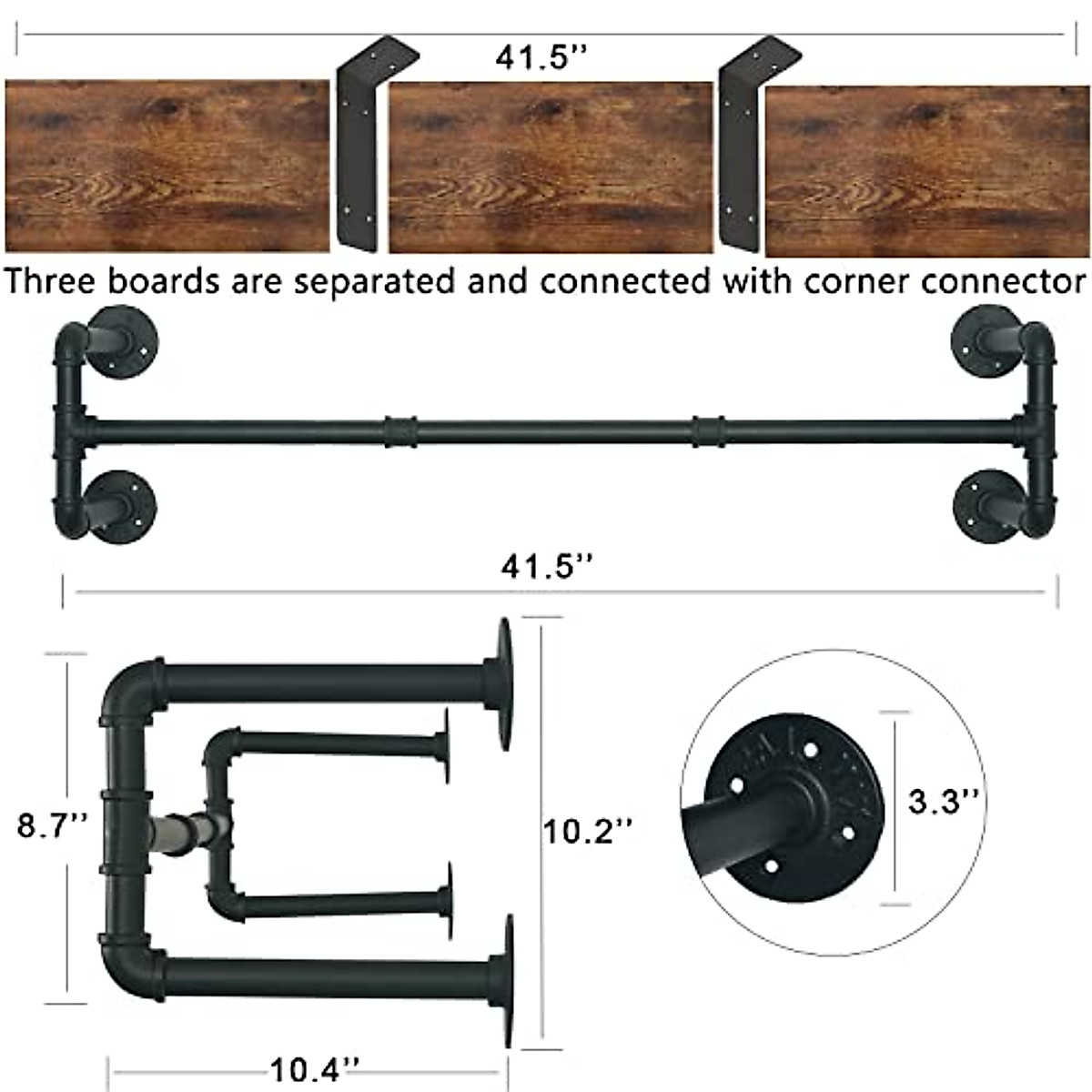 Crehomfy Industrial Pipe Clothes Rack with Top Shelf and 3 Hooks, 41''L Wall Mounted Garment Rack, Heavy Duty Iron Garment Bar, Clothes Hanging Rod Bar, 4 Base Max Load 135Lb Black