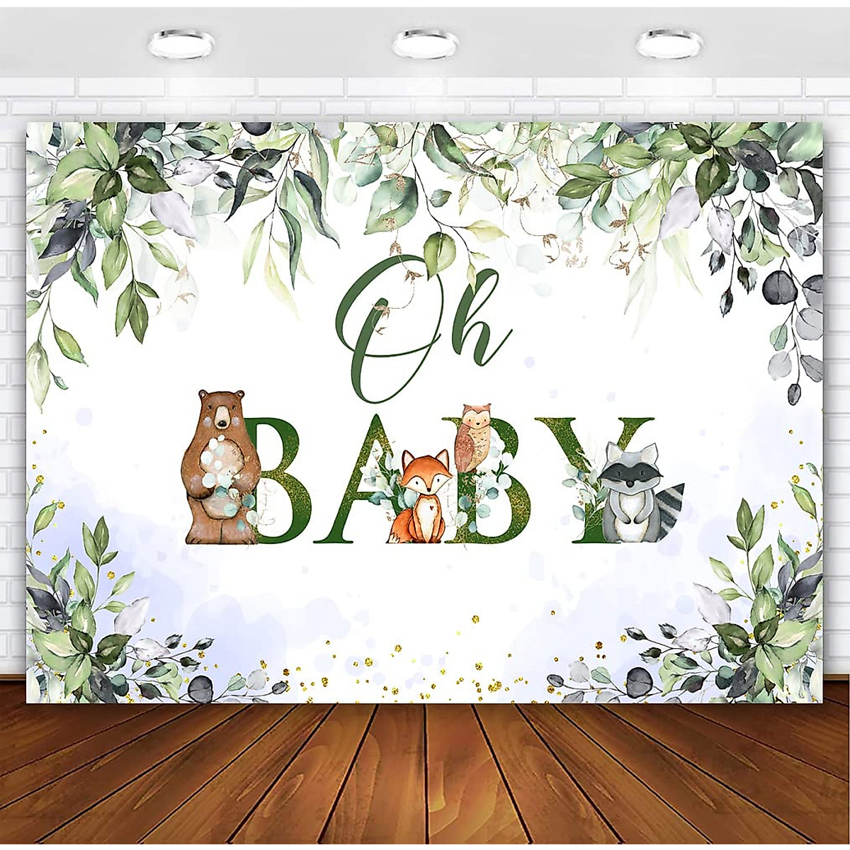 Sensfun Woodland Baby Shower Backdrop Oh Baby Greenery Forest Jungle Animals Photography Background Woodland Creatures Baby Shower Party Banner Decorations (7x5ft)