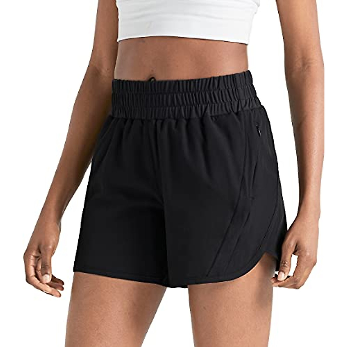 ZUTY 5" Athletic Running Shorts for Women with Zipper Pocket High Waisted Quick Dry Workout Gym Shorts with Liner Black L