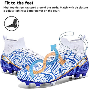 WINGFAI Men's Soccer Shoes Outdoor Turf Indoor Soccer Training Sneaker Professional High-Top Athletic Football Boots Breathable Cleats White Blue 11 US