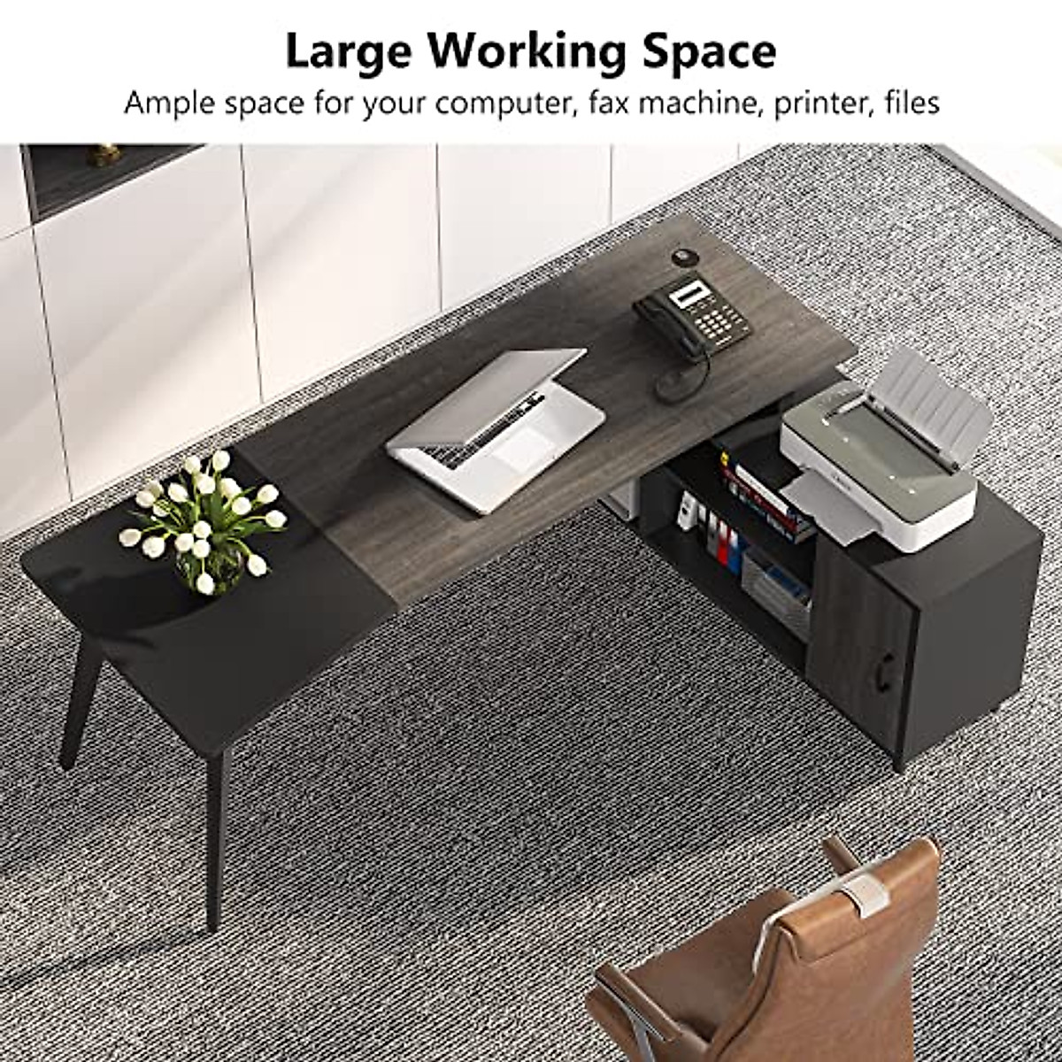 Tribesigns L-Shaped Computer Desk with File Cabinet, 78.74 Inch Large Executive Office Desk with Shelves, Industrial Business Furniture Desk Workstation for Home Office (Grey)