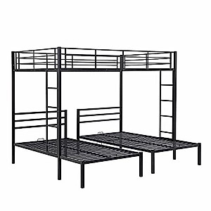 GLORHOME Meta L Shaped Triple Bed, Solid Full Over Twin&Twin Bunk Bedframe with Built-in Shelf and 2 Ladders for 3 Kids Teens