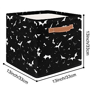 Skonsati Black White Bat Cube Storage Bin 13 inch Fabric Storage Baskets Collapsible Storage Cube Bins Organizer Containers with Leather Handles for Home Closet