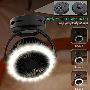 SLENPET 10000mAh Rechargeable Clip on Fan with Light, 40H Working Time, 360°Rotatation, 4 Speeds Adjustment, 2-6H Three Levels Time Setting, Portable Camping Fan with Hanging Hook Desk Fan (Black)