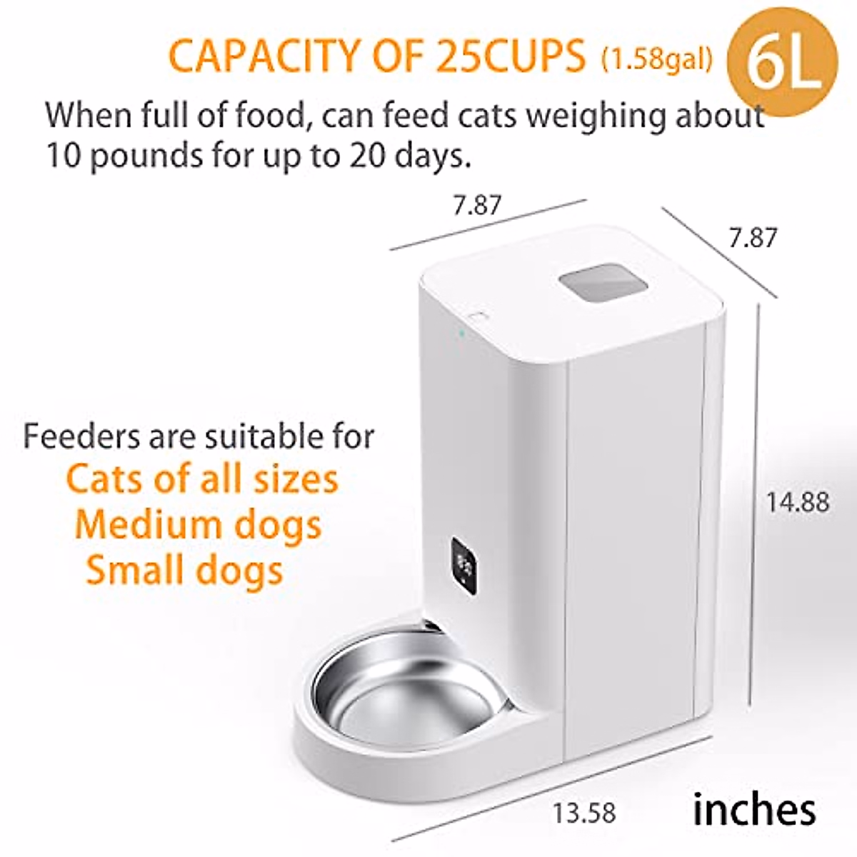 AIDANLS Automatic Cat Feeders,6L(25cup) 2.4G/5G WiFi Pet Dry Food Dispenser with Stainless Steel Bowl & Clog-Free Design,1-10 Meals Per Day & 10s Voice Recorder,Timed Pet Feeder for Cats and Dogs