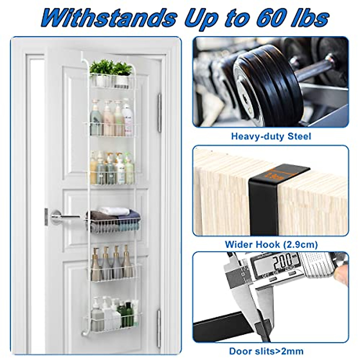 melos White Over The Door Pantry Organizer Rack, 6-Tier Heavy-Duty Metal Back Of Door Shelf Organizer, Over The Door Hanging Spice Rack With 6 Full Baskets - Storage, Closet, Bathroom, Kitchen, 15in