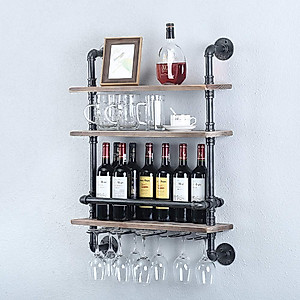 Industrial Pipe Shelf Wine Rack Wall Mounted with 5 Stem Glass Holder,24in Real Wood Shelves Kitchen Wall Shelf Unit,3-Tiers Rustic Floating Bar Shelves Wine Shelf,Steam Punk Pipe Shelving Glass Rack
