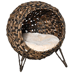 PawHut 20.6" Weaved Cat Bed, Elevated Hand-Woven Braided Banana Leaf Kitten House Condo with Cushion, Brown