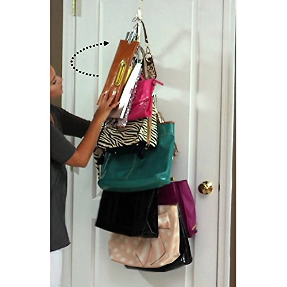 2-Pk Over Door Hanging Purse Storage - DURABLE, Holds 50 POUNDS, ROTATES 360 for easy access; Purses, Handbags, Satchels, Crossovers, Backpacks,12 Hooks, Chrome (Set of 2)
