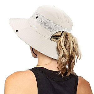 Women's Outdoor UV-Protection-Foldable Sun-Hats Mesh Wide-Brim Beach Fishing Hat with Ponytail-Hole (Beige)